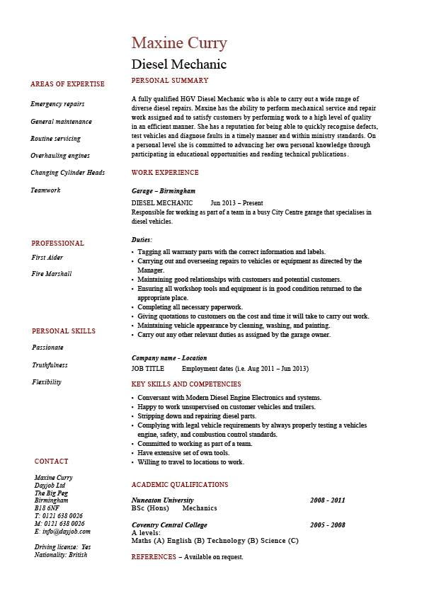 Diesel Mechanic Resume Doc April 2022