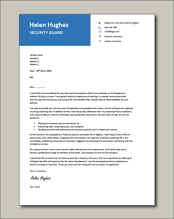 Free Security Guard Cover Letter Example 4
