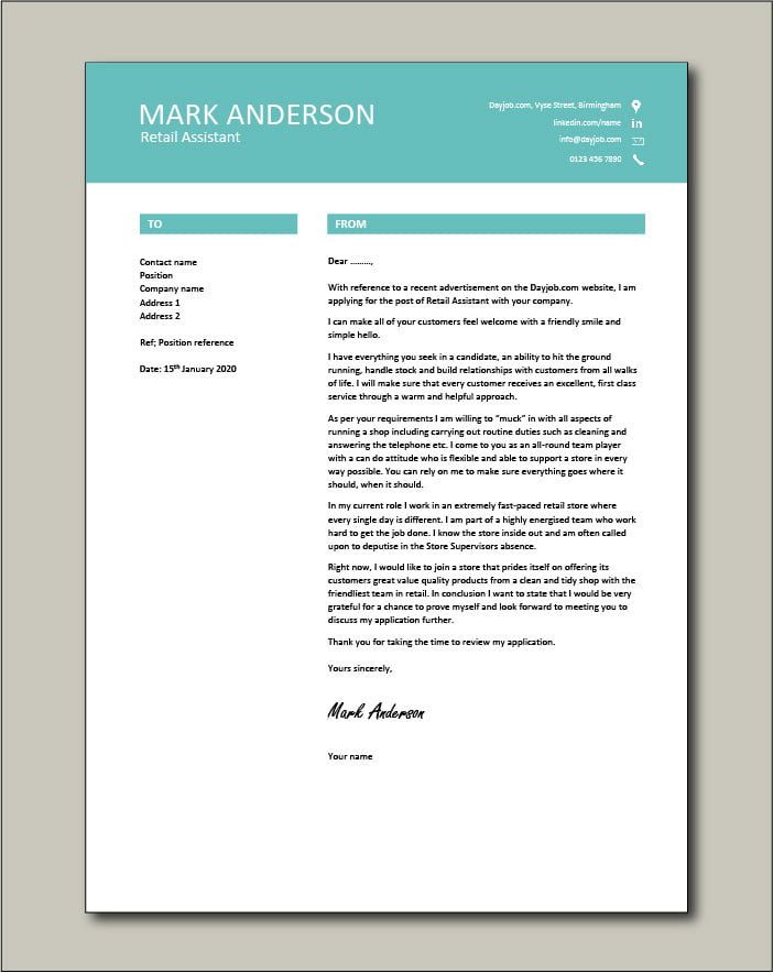 Free Retail Assistant Cover Letter Example 7