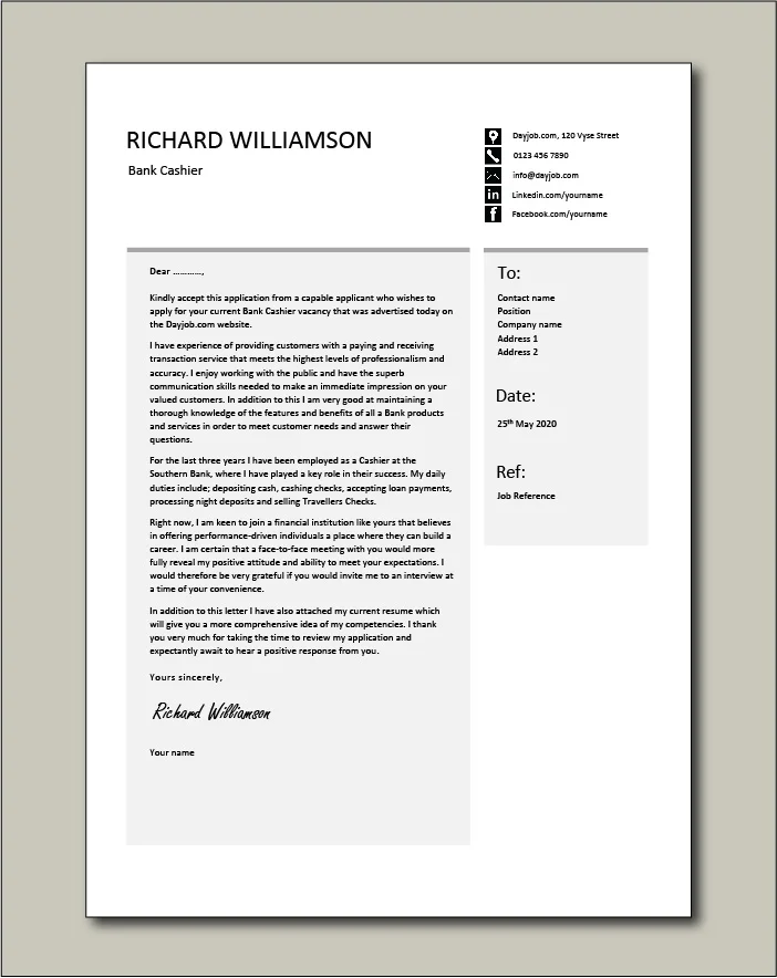 Cashier Cover Letter Example