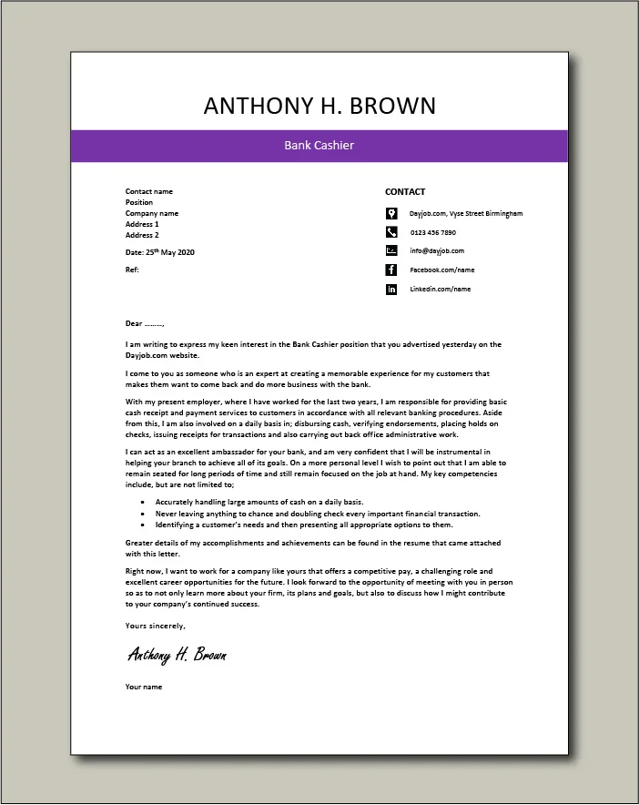 Cashier Cover Letter Example