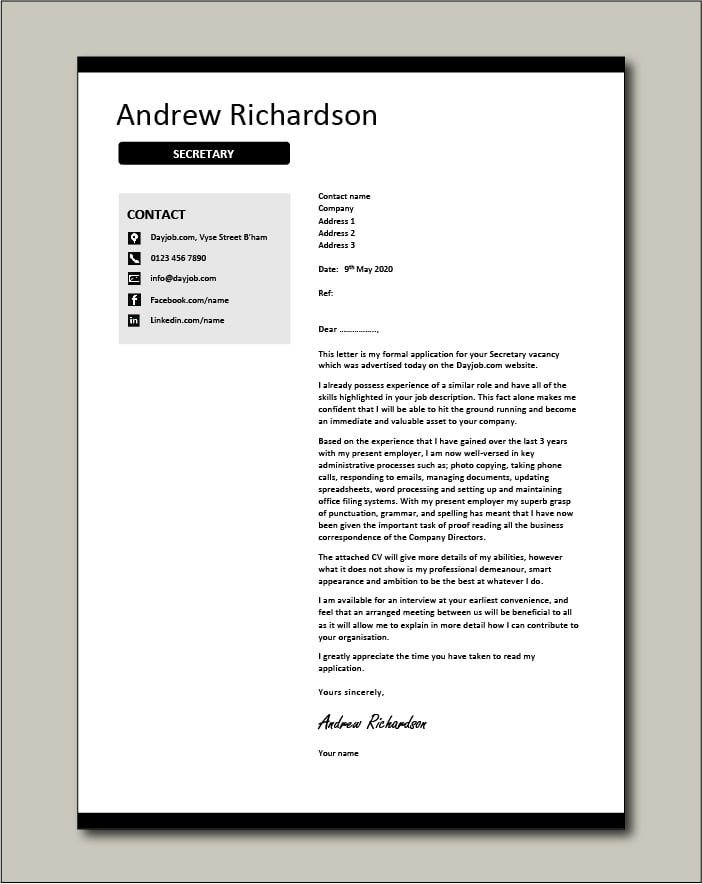 Secretary Cover Letter Example Reception Sample Template