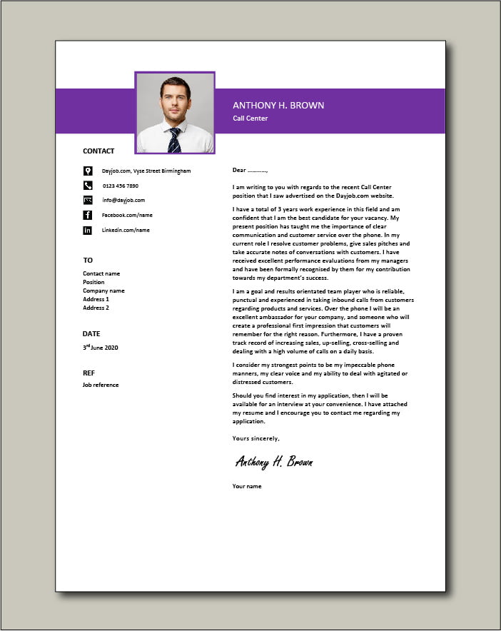Call Center Cover Letter Example 1