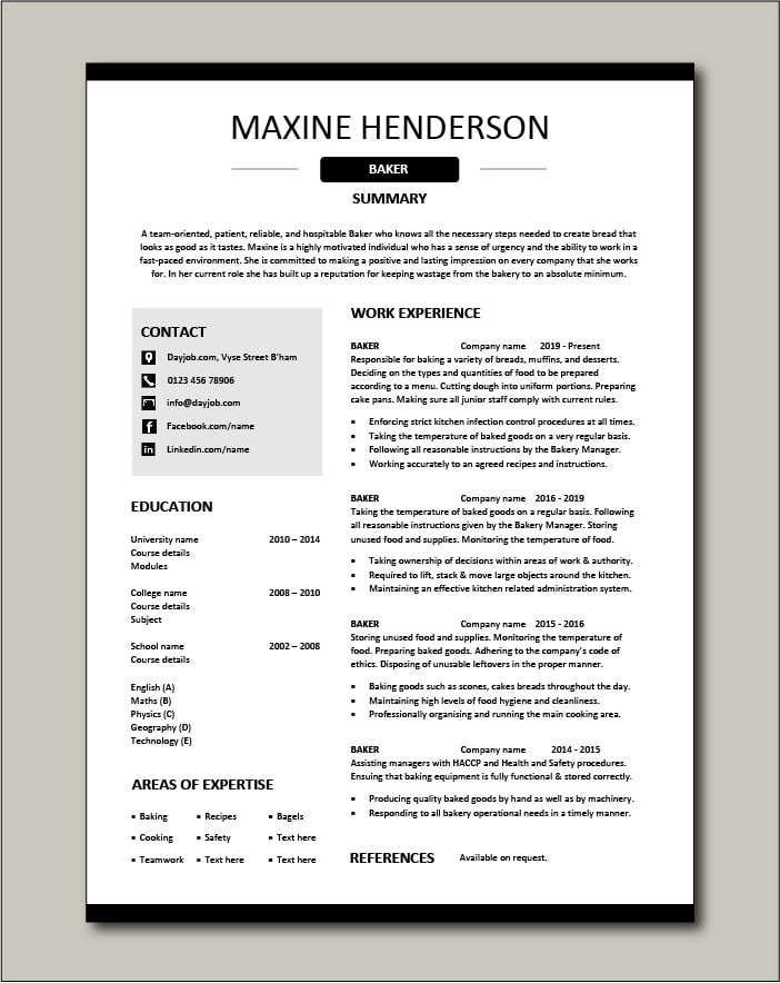 Baker Resume Bakery Bread Job Description Key Skills 2025