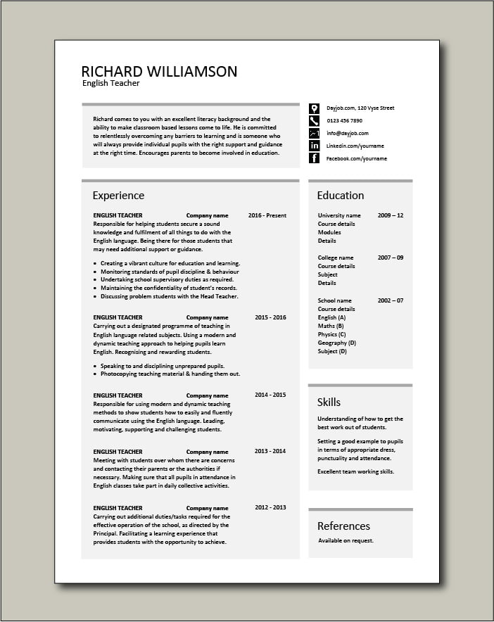 English Teacher Resume Template CV Examples Teaching Academic English Teacher Resume Template CV Examples Teaching Academic