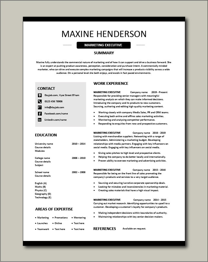 Marketing Executive Resume Sales Example Sample Template Promotions Writing A CV Jobs