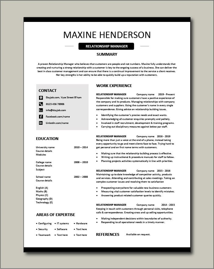 Relationship Manager Resume Account Management CV Job Description